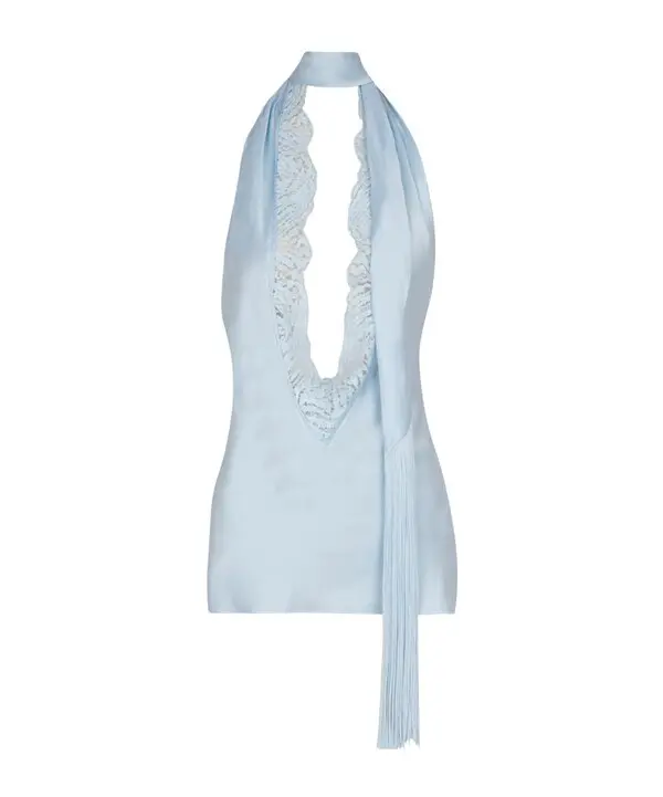 Balmain Backless Fringed Satin Halter Top - Blue