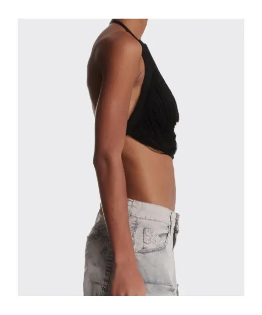 Attico Halter Neck Draped Top With Logo Buckle