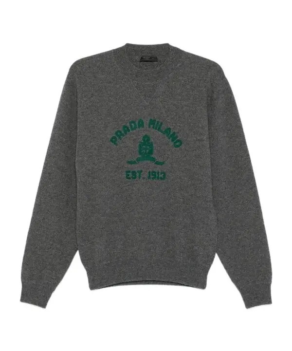 Prada Cashmere Crewneck Sweater With Graphic Print - Slate Grey
