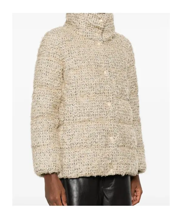 Moncler Cochelle Tweed Short Down Jacket With Stand Collar - Beige