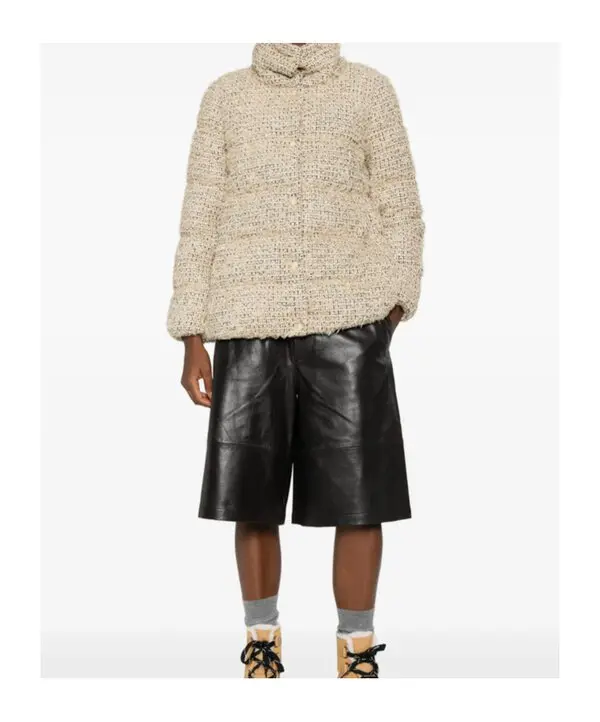 Moncler Cochelle Tweed Short Down Jacket With Stand Collar - Beige