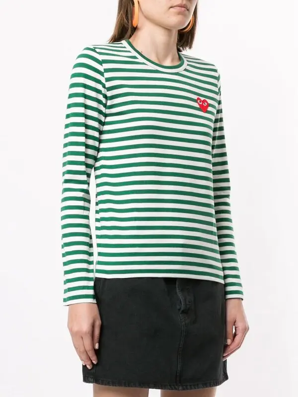 Play Comme Des Garcon Striped Logo-patch Long Sleeve T-shirt - Green