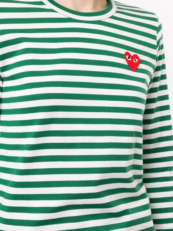Play Comme Des Garcon Striped Logo-patch Long Sleeve T-shirt - Green