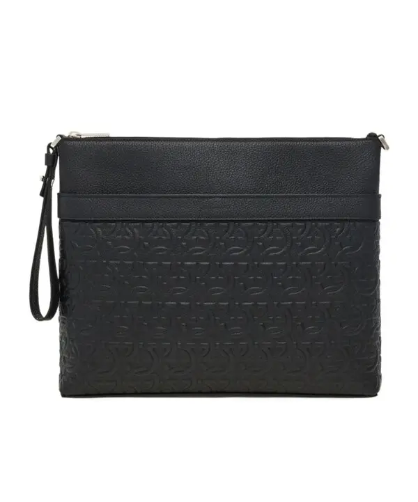 FERRAGAMO Gancini Embossed Messenger Bag - Black