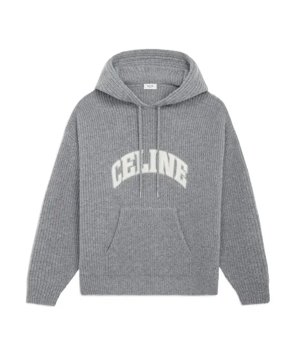 Celine Ribbed Wool Hooded Sweater With Brand Logo - Medium Gray