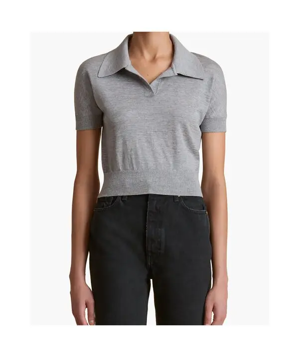 Khaite Morgane Ribbed Knit Collared Short Sleeve Top - Mercury
