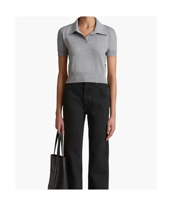 Khaite Morgane Ribbed Knit Collared Short Sleeve Top - Mercury
