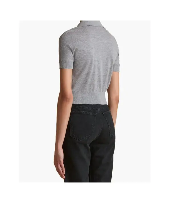 Khaite Morgane Ribbed Knit Collared Short Sleeve Top - Mercury
