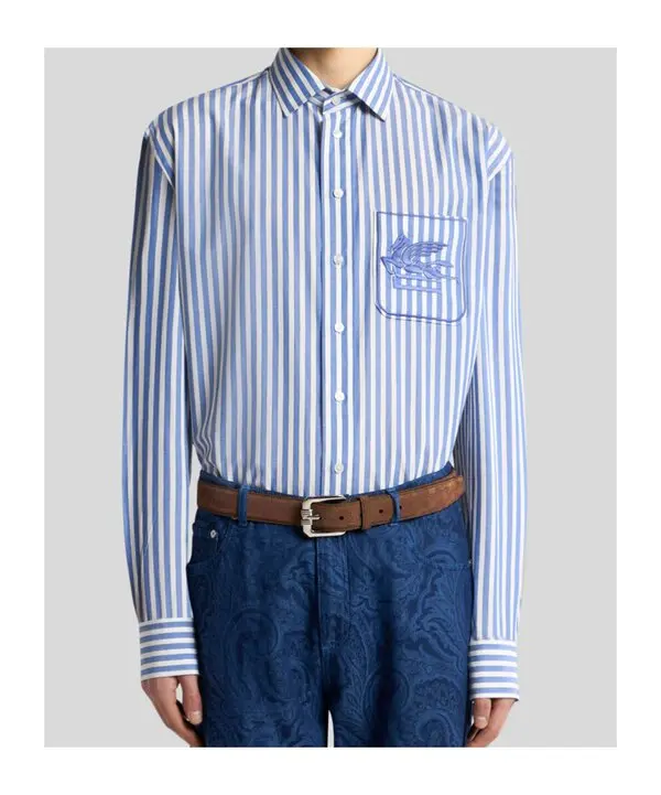 Etro Pegaso Embroidered Striped Shirt - Sky-blue