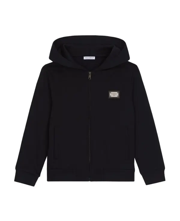 Dolce & Gabbana Logo Plaque Zip-up Cotton Hoodie - Black