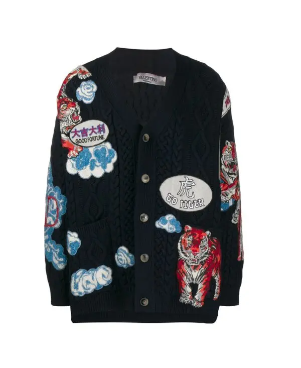 Valentino Garavani Tiger Embroidered Cardigan - Black