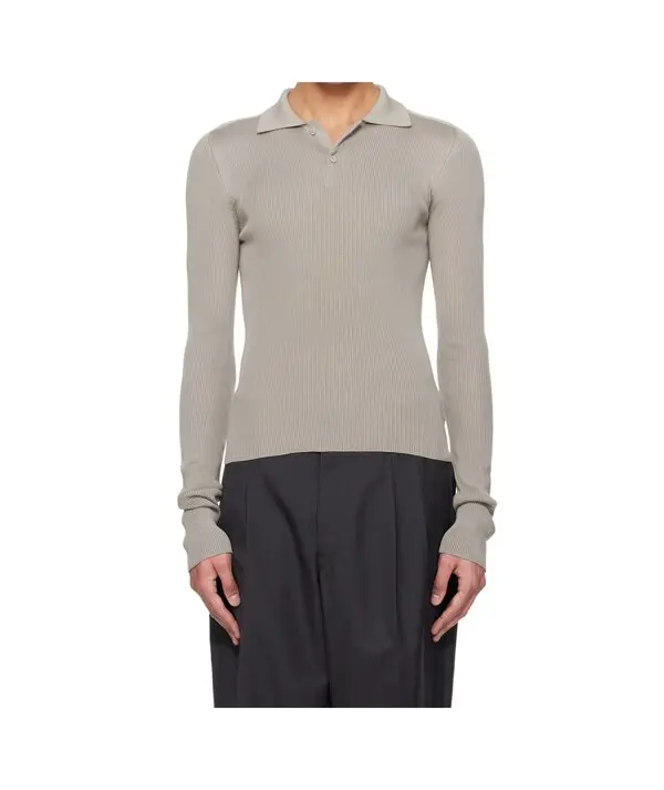 RIER Long-sleeved Collared Knit Polo Shirt - Mist Grey