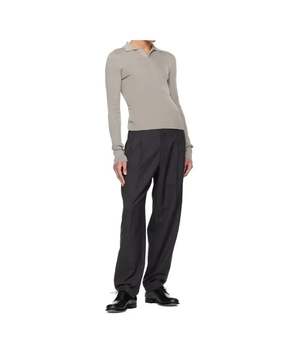 RIER Long-sleeved Collared Knit Polo Shirt - Mist Grey