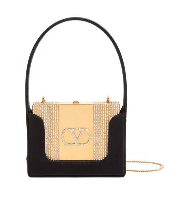 Valentino Garavani Minaumorphe Logo Plaque Embellished Clutch Bag - Ancient Brass/black