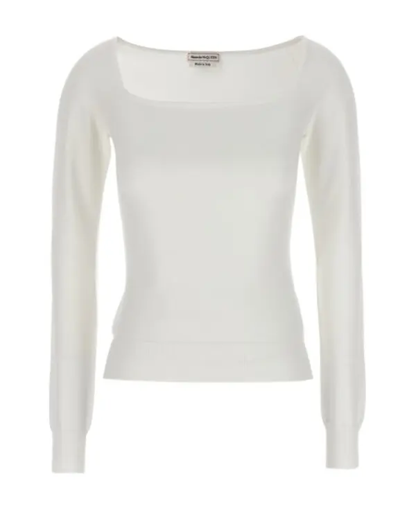 Alexander McQueen Long Sleeve Square Neck Knitted Top - White