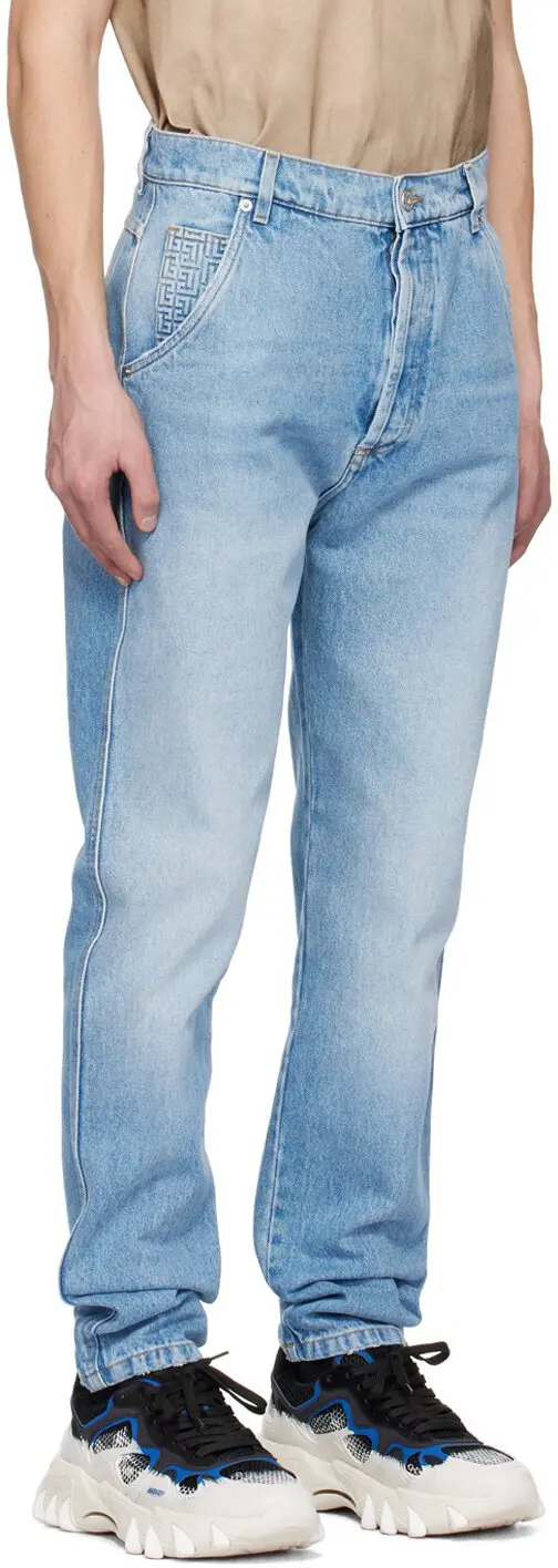 Balmain Straight Cut Jeans In Light Wash Denim - Blue