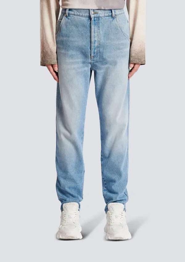 Balmain Straight Cut Jeans In Light Wash Denim - Blue