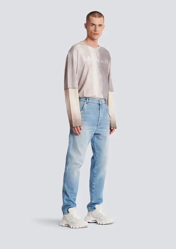 Balmain Straight Cut Jeans In Light Wash Denim - Blue