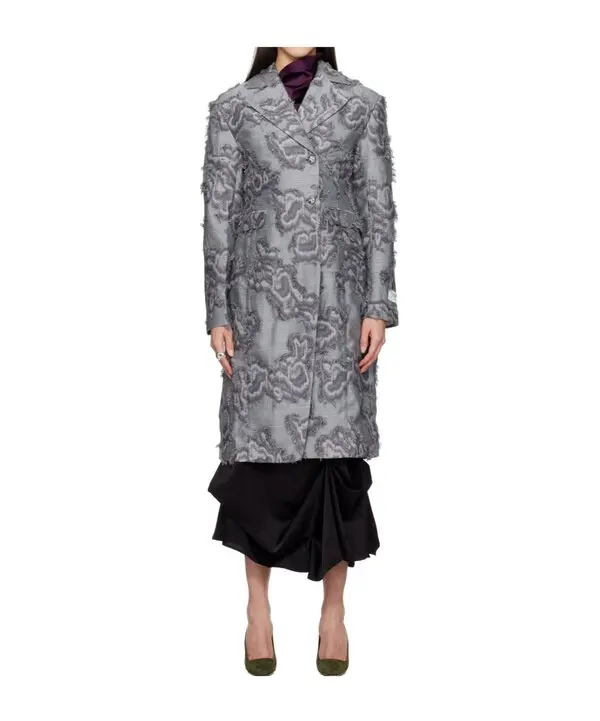 GANNI Wool Blend Coat With Perforated Pattern And Notched Lapel