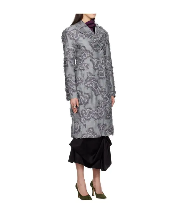 GANNI Wool Blend Coat With Perforated Pattern And Notched Lapel