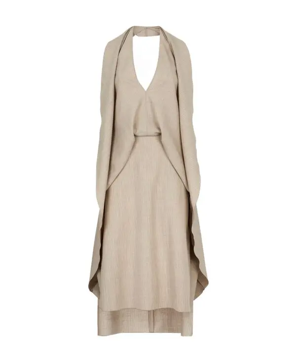 Fendi Draped Cape Detailed Backless Dress In Pin-striped Wool Flannel - Nude