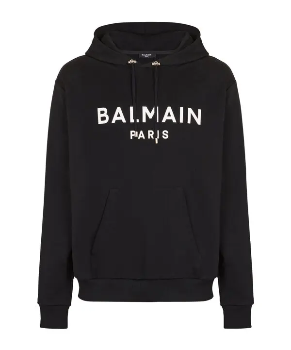 Balmain Paris Logo Printed Drawstring Hoodie - Black