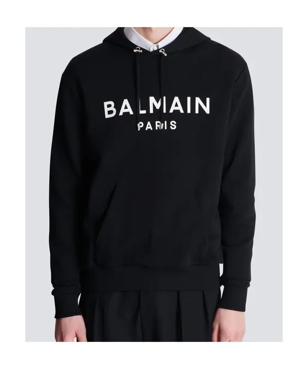 Balmain Paris Logo Printed Drawstring Hoodie - Black