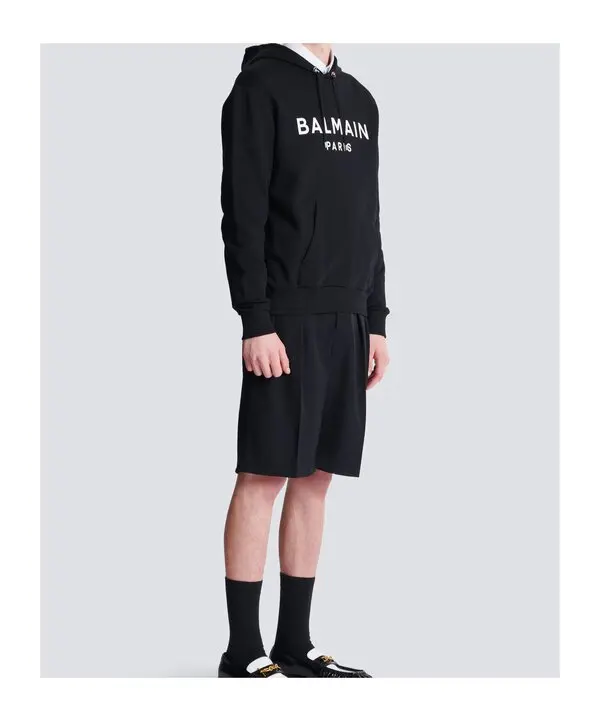 Balmain Paris Logo Printed Drawstring Hoodie - Black