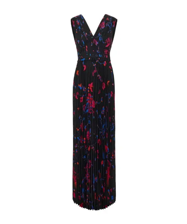 Hugo Boss Sleeveless Floral Printed V-neck Pleated Dress - Black