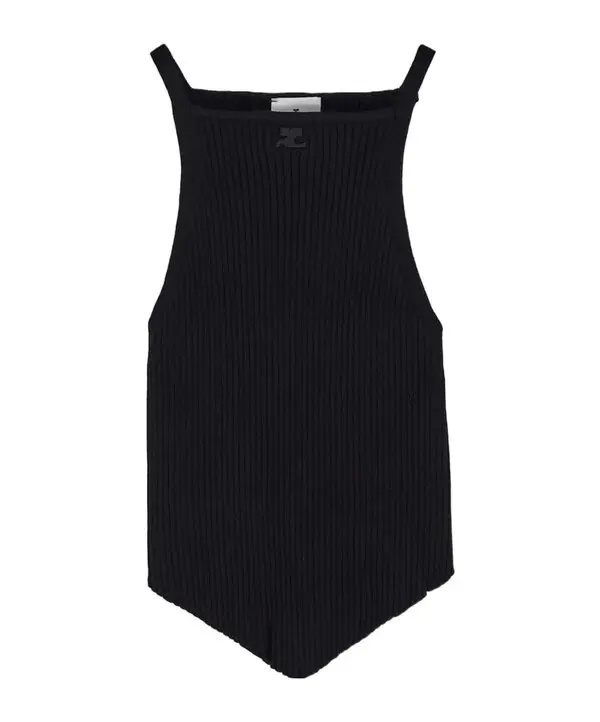 COURREGES Logo Patch Sleeveless Ribbed Knit Top - Black