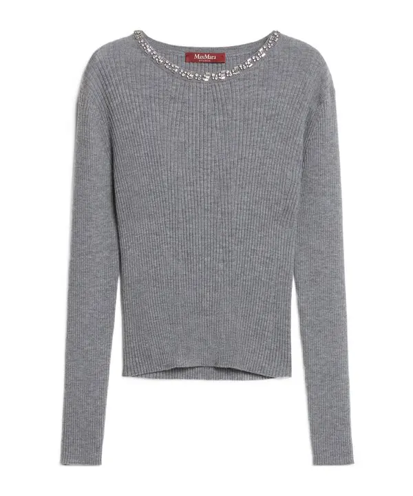 Max Mara Catone Ribbed Knit Sweater With Embellished Neckline - Medium Gray