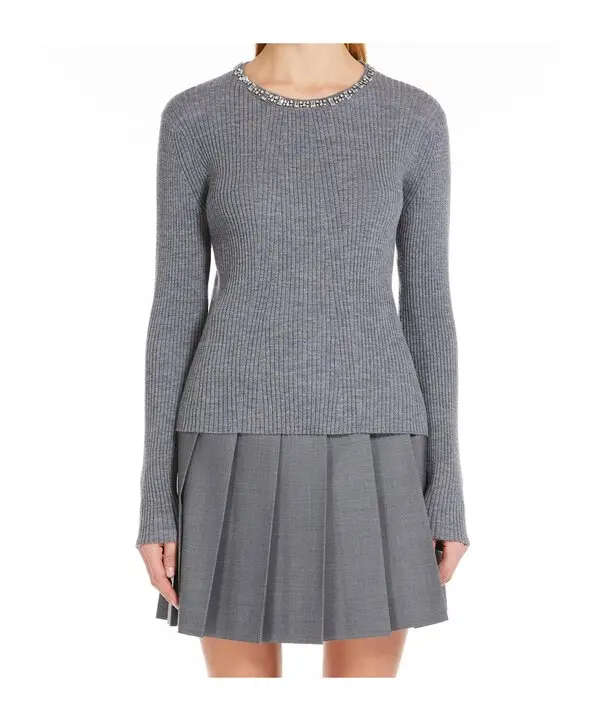 Max Mara Catone Ribbed Knit Sweater With Embellished Neckline - Medium Gray