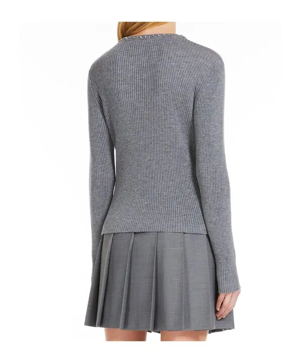 Max Mara Catone Ribbed Knit Sweater With Embellished Neckline - Medium Gray