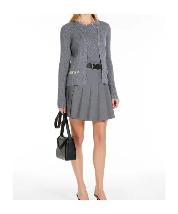 Max Mara Catone Ribbed Knit Sweater With Embellished Neckline - Medium Gray