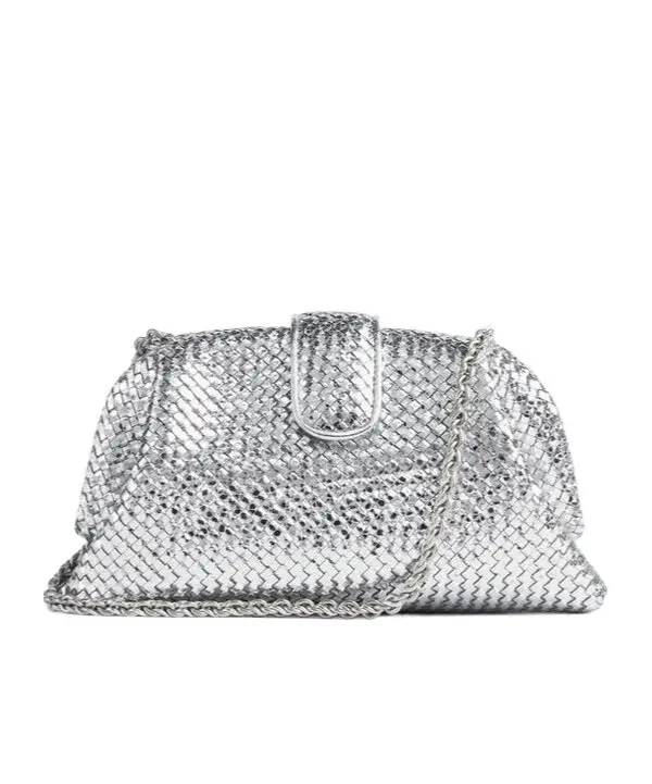 Bottega Veneta Padded Intricciato Metal Woven Leather Clutch Bag - Silver