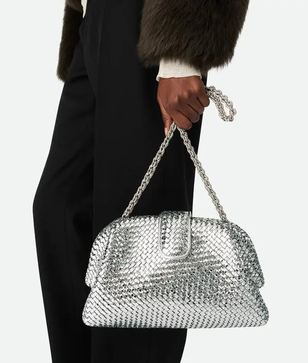 Bottega Veneta Padded Intricciato Metal Woven Leather Clutch Bag - Silver