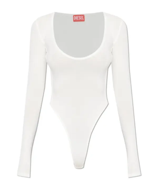 DIESEL® Ribbed Thong Bodysuit With Deep Round Neck - White