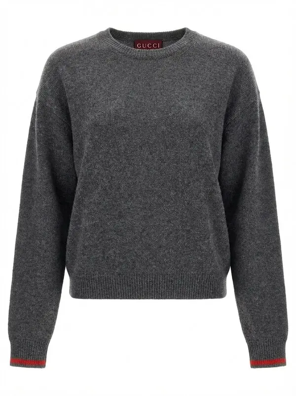 Gucci Crewneck Knit Sweater With Ribbed Trim - Dark Gray