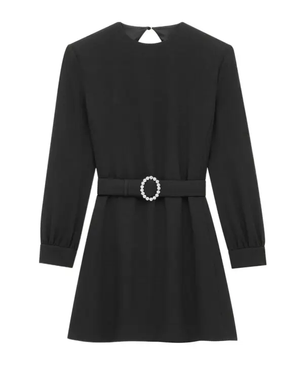 Saint Laurent Long-sleeve Mini Dress With Crystal Buckle - Black