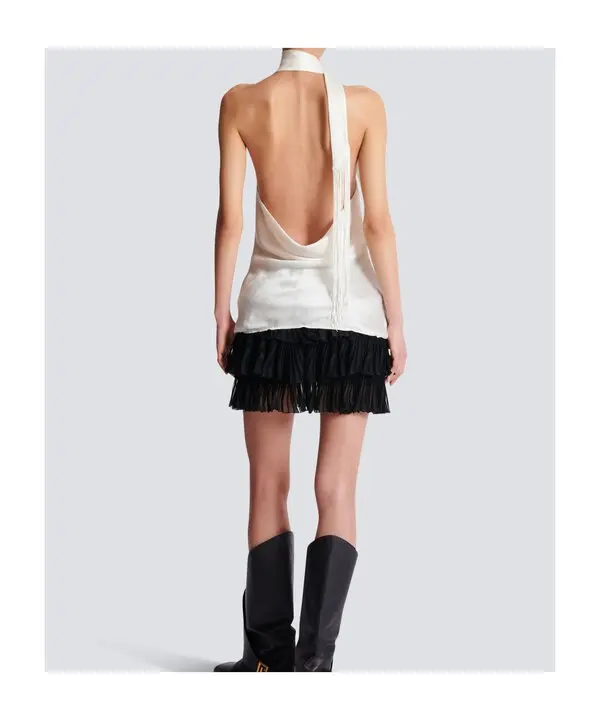 Balmain Halter Neck Fringed Satin Top - White