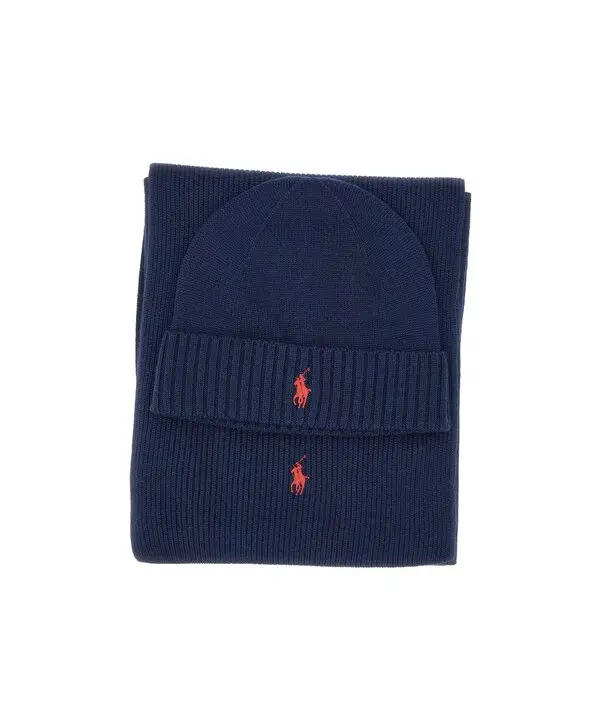 Ralph Lauren Polo Pony-motif Scarf And Beanie Set - Blue