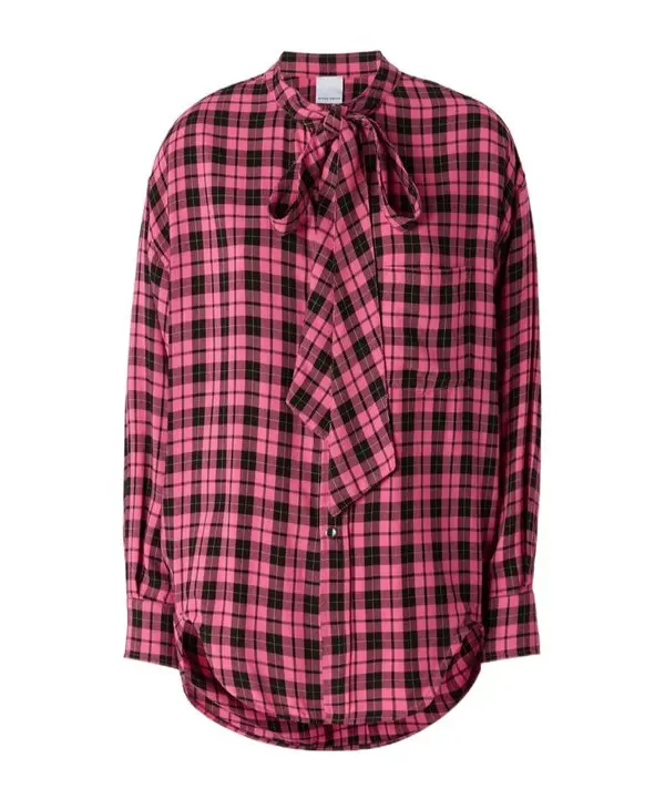 Pinko Plaid Shirt With Stand-up Collar And Logo Detail - Mult.fuxia