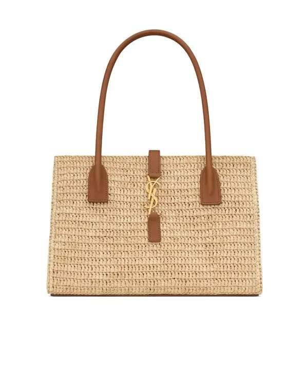 Saint Laurent Panier Rectangle Bag In Raffia And Leather - Nude