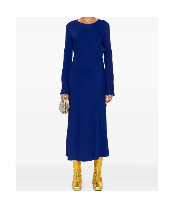 FORTE_FORTE Cady Crepe Wrapover Dress With Long Sleeves And Crew Neck - Bluette