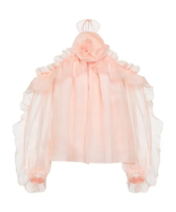 Carolina Herrera Strapless Floral Silk Top With Bell Sleeves