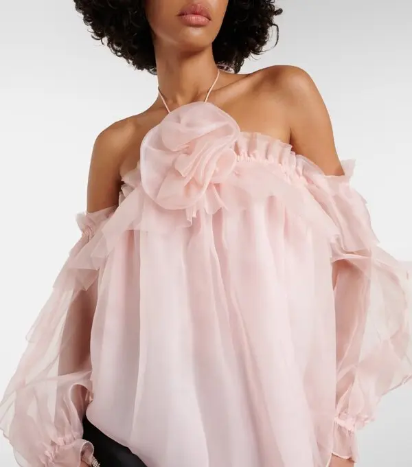 Carolina Herrera Strapless Floral Silk Top With Bell Sleeves