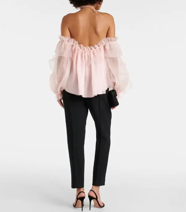 Carolina Herrera Strapless Floral Silk Top With Bell Sleeves