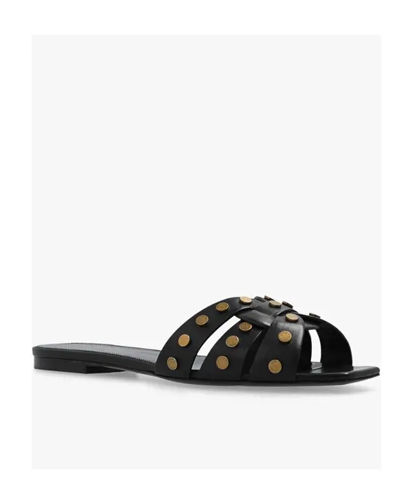 Saint Laurent Open Toe Slip-on Sandals With Gold Tone Rivets - Black