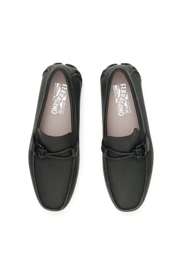 FERRAGAMO Round Toe Loafers With Gancio Detail - Black