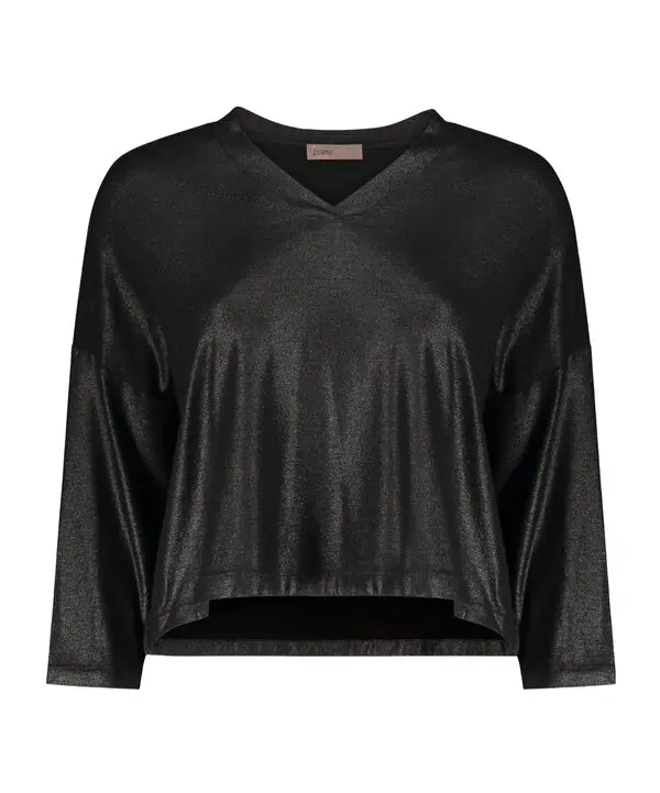 Herno V-neck Metallic Long Sleeve Top - Black